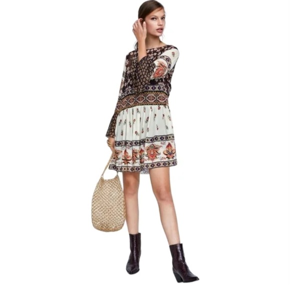 Zara | Dresses | Zara Womens Zara Boho Ruffle Mini Dress Paisley Floral ...